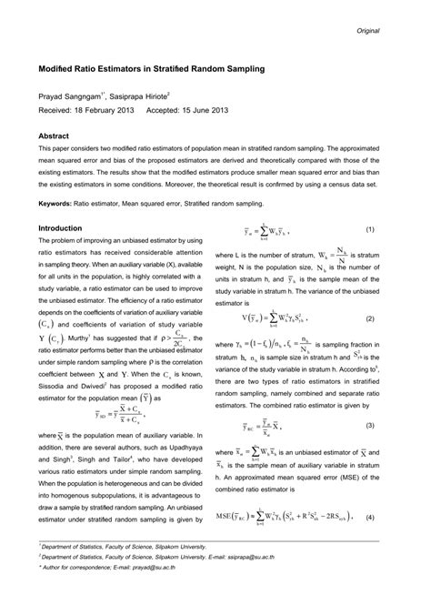Pdf Modified Ratio Estimators In Stratified Random Sampling