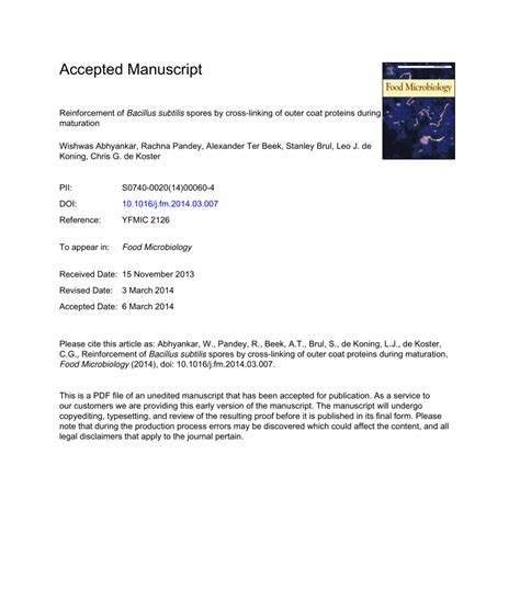 Pdf Reinforcement Of Bacillus Subtilis Spores By Cross Linking Of