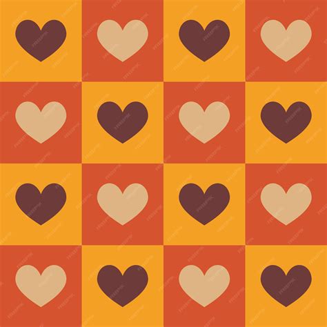 1970 하트 오렌지 체크 무늬 배경에 복고풍 원활한 패턴 손으로 그린 벡터 그림 70년대 스타일 그루비 배경 벽지 인쇄 평면 디자인 히피 미학 프리미엄 벡터