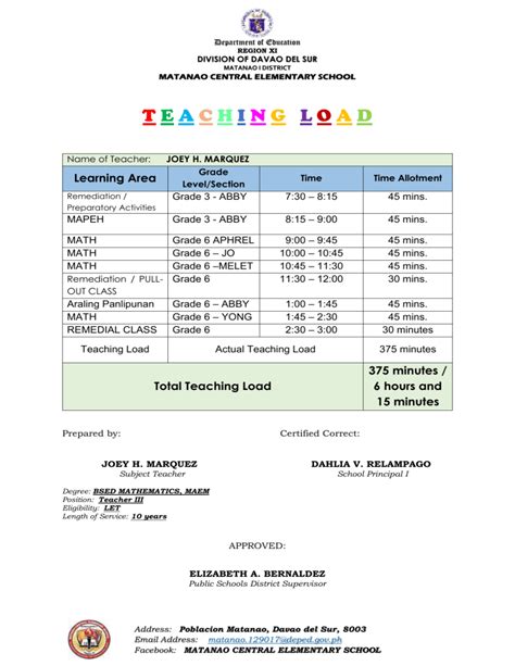 Teaching Load And Class Program Matanao Central Elementary