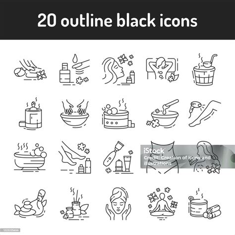 Spa 블랙 라인 아이콘 설정 뷰티 트리트먼트 서비스 웹 페이지 모바일 앱 프로모션에 대한 픽토그램 Ui Ux Gui 디자인 요소입니다 편집 가능한 스트로크 개념에 대한