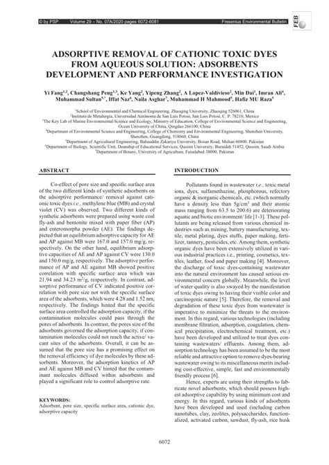 Pdf Adsorptive Removal Of Cationic Toxic Dyes From Aqueous Solution