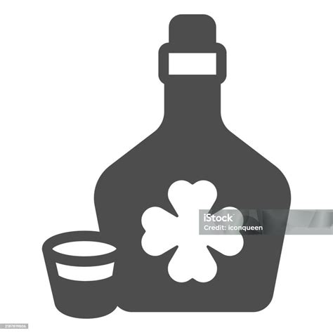 강한 음료와 샷 글라스 솔리드 아이콘 세인트 패트릭 데이 컨셉으로 병 벡터 그래픽 위스키 병 음료 흰색 배경에 클로버 기호 모바일 또는 웹에 대 한 윤곽선 스타일 아이콘 0