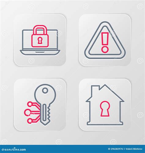 Set Line House Under Protection Cryptocurrency Key Exclamation Mark In Triangle And Laptop And