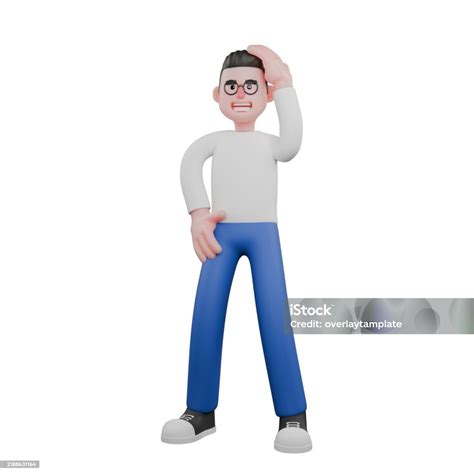 전문 비디오 편집 3d 만화 모델 남성 영상 편집자는 왼손은 머리를 잡고 오른손은 허리에 얹은 채 망각한 표정으로 서 있다 일러스트레이션 디자인 3차원 형태에 대한 스톡