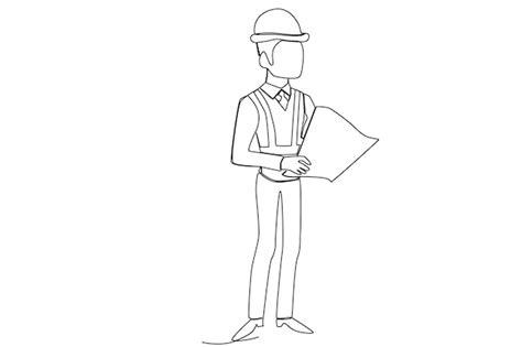 Premium Vector A Male Civil Engineer Standing While Holding A Blueprint Line Art