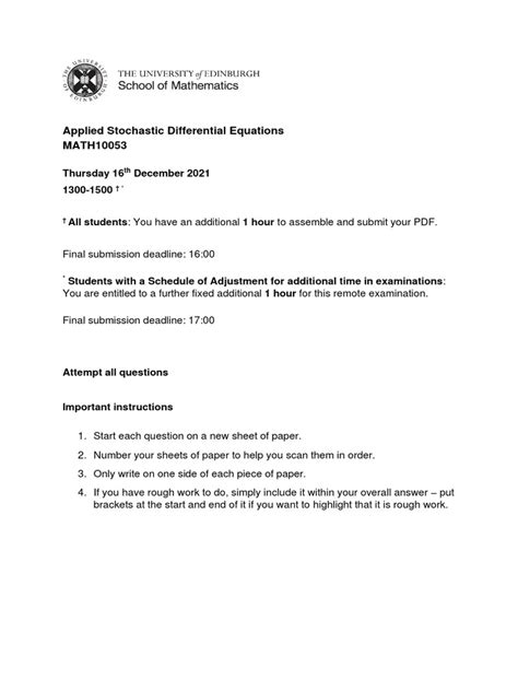 Applied Stochastic Differential Equations Math10053 Thursday 16 December 2021 1300 1500 Pdf