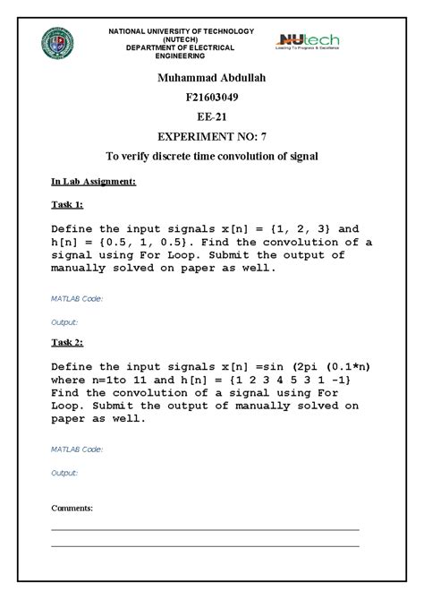 DSP Lab To Verify Discrete Time Convolution Of Signal NATIONAL UNIVERSITY OF TECHNOLOGY