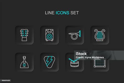 세트 라인 기타 앰프 드럼 스틱이 있는 드럼 피크 발랄라이카 고대 그리스 거문고 트럼펫 스테레오 스피커 및 넥 아이콘 벡터 0명에 대한 스톡 벡터 아트 및 기타 이미지