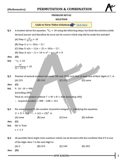 Permutation And Combination Solutions Pdf Numbers Equations