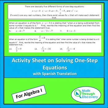 Alg Solving One Step Equations Activity Sheet By Math Through Discovery LLC