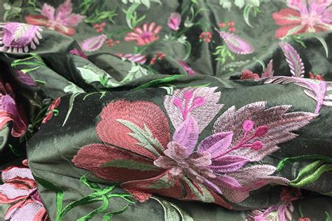 Olive Silk Dupion With Floral Embroidery In Pinks And Greens Olive
