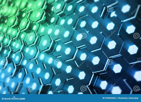 Abstract Blue Of Futuristic Surface Hexagon Pattern With Light Rays 3d Rendering Stock