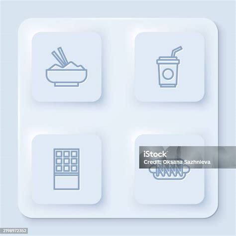 세트 라인 그릇에 담긴 밥과 젓가락 종이잔 빨대 초콜릿 바 핫도그 샌드위치 흰색 사각형 버튼입니다 벡터 0명에 대한 스톡 벡터 아트 및 기타 이미지 Istock