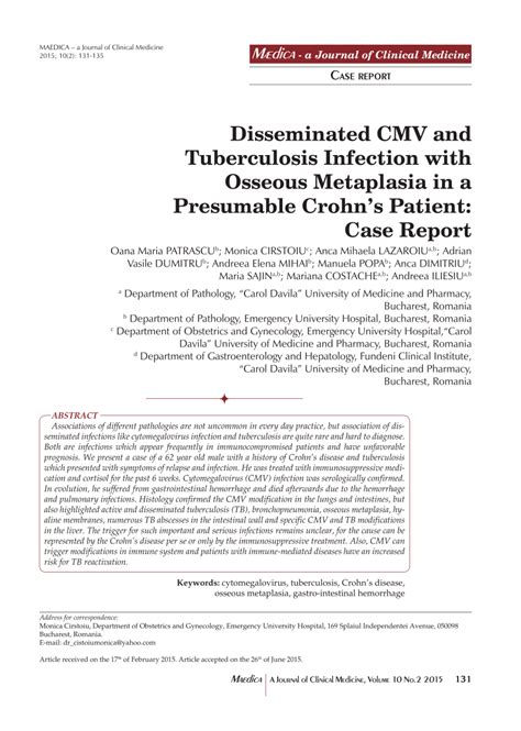 Pdf Disseminated Cmv And Tuberculosis Infection With Osseous Metaplasia In A Presumable Crohn