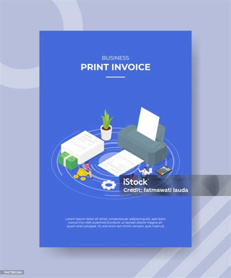 인쇄 송장 개념 주위의 사람들 큰 인쇄 기계 종이 계산기 아이소메트릭 스타일의 잡지 표지 및 포스터를 인쇄하기 위한 배너 및 전단지의 템플릿에 대한 돈 3차원 형태에 대한