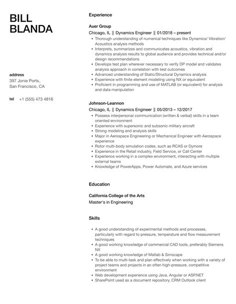 Dynamics Engineer Resume Samples Velvet Jobs