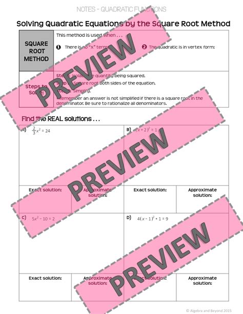 Quadratic Equations Square Root Method Lesson Warm Up Notes Hom Algebra And Beyond