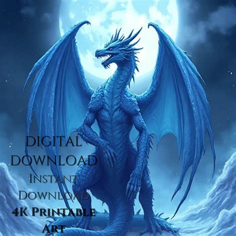 Blue Dragon Fantasy Wall Art Digital Download Ice Dragon Moon Art
