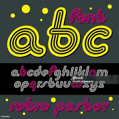벡터 복고풍 소문자 영어 알파벳 편지 Abc 컬렉션 멋진 디스코 필기체 글꼴에서 스크립트는 Z 포스터 예술에 사용할 수 있습니다 트리플 Stripy 장식 했다 1980
