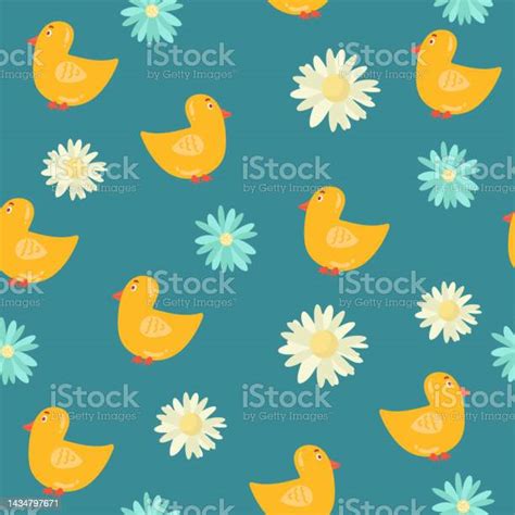 장난감 개체가 있는 파스텔 색상의 매끄러운 아기 패턴 오리 벡터 일러스트 레이 션 인쇄 배경 표지 포장 인사말 카드 포스터 스티커 섬유 및 계절 디자인 0명에 대한 스톡