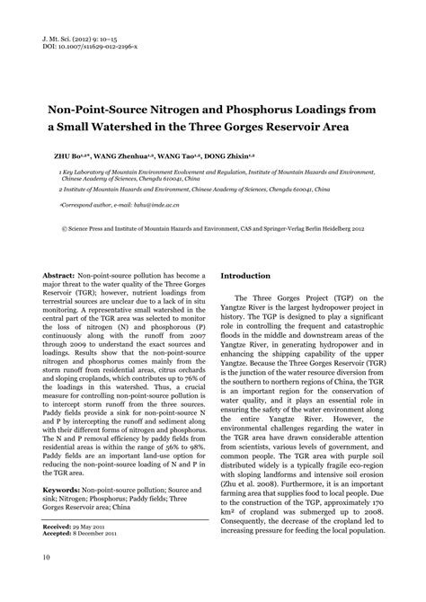 Pdf Non Point Source Nitrogen And Phosphorus Loadings From A Small Watershed In The Three