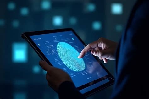 Hands Interact With A Blue Digital Tablet Displaying Fingerprint Scanning Technology Stock