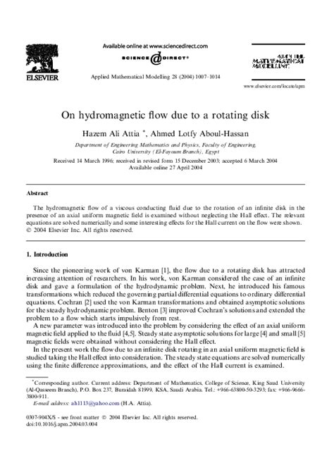 Pdf On Hydromagnetic Flow Due To A Rotating Disk