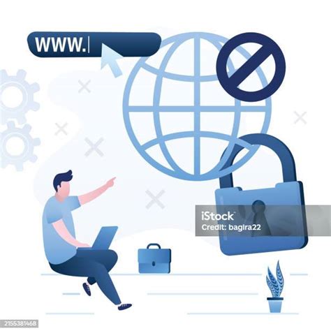 거대한 자물쇠가 있는 글로벌 네트워크 인터넷 사용 제한 소셜 미디어 및 네트워크에서의 서핑 금지 및 금지 트래픽 및 인터넷의 국가 제어 직원에 대한 스톡 벡터 아트 및 기타