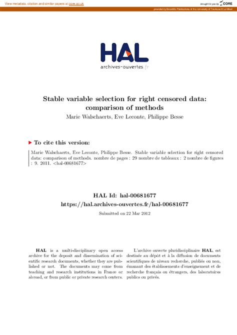 Pdf Stable Variable Selection For Right Censored Data Comparison Of