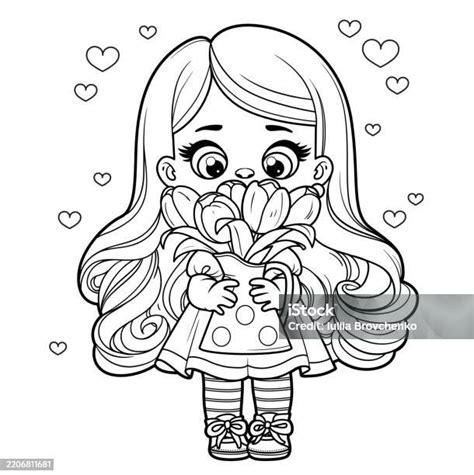 귀여운 만화 긴 머리 소녀는 흰색 배경에 색칠 공부 페이지를 위해 윤곽이 잡힌 주전자에 튤립의 꽃다발을 들고 있습니다 귀여운에