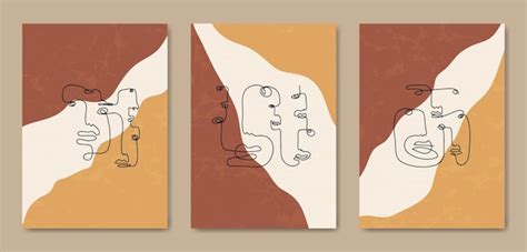 세 가지 추상 미학 중반 세기 현대 라인 아트 얼굴 초상화 및 잎 현대 Boho 포스터 표지 템플릿 집합입니다 프리미엄 벡터