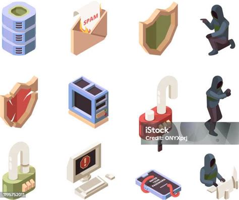 해커 문자입니다 컴퓨터 온라인 네트워크 공격 사이버 자물쇠 디지털 데이터 보호 스팸 및 피싱 바이러스 벡터 아이소메트릭 등측투영법에 대한 스톡 벡터 아트 및 기타 이미지