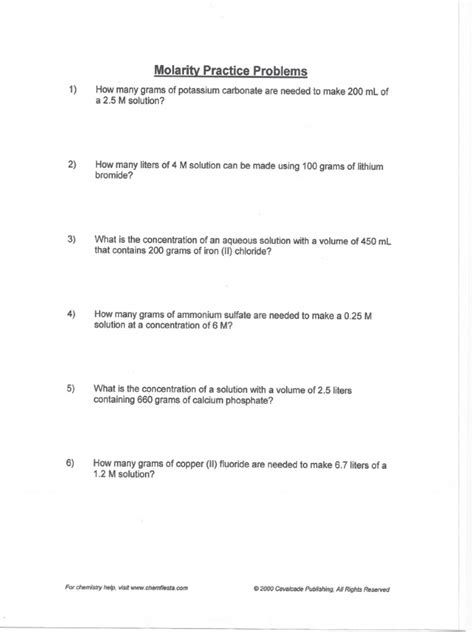 Molarity Problems And Answers Pdf