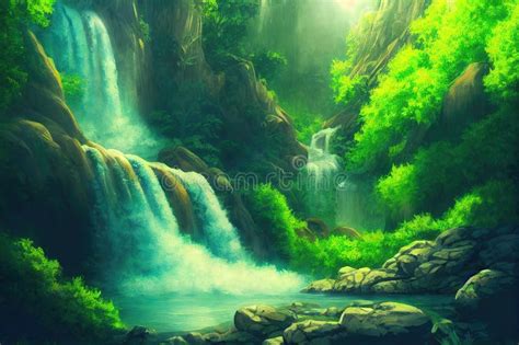Green Spreading Rainforest With A Waterfall Ai Generated Image Stock Illustration