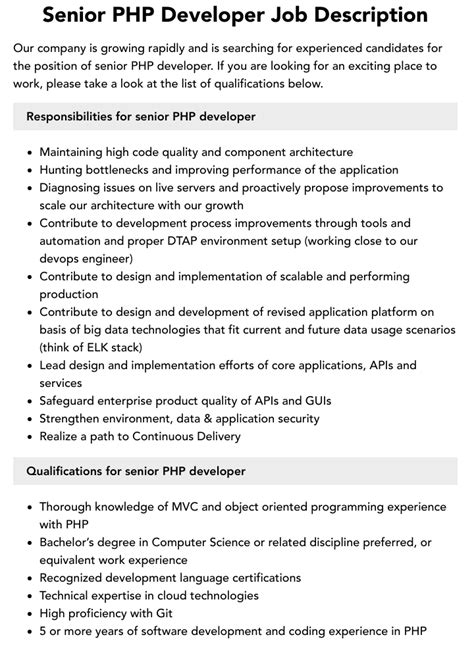 Senior Php Developer Job Description Velvet Jobs