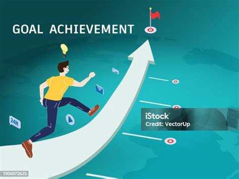목표 업적 젊은 남자는 성공 성과를 완료하기 위해 결승선에 가는 길에 방향 화살표를 따라 실행합니다 우승 경쟁 일러스트레이션 개념에 대한 스톡 벡터 아트 및 기타 이미지