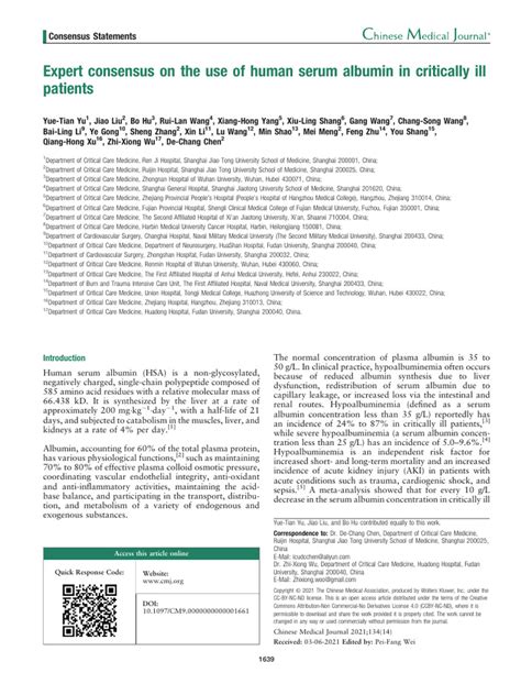 Expert Consensus On The Use Of Human Serum Albumin In Critically Ill Patients Pdf Sepsis