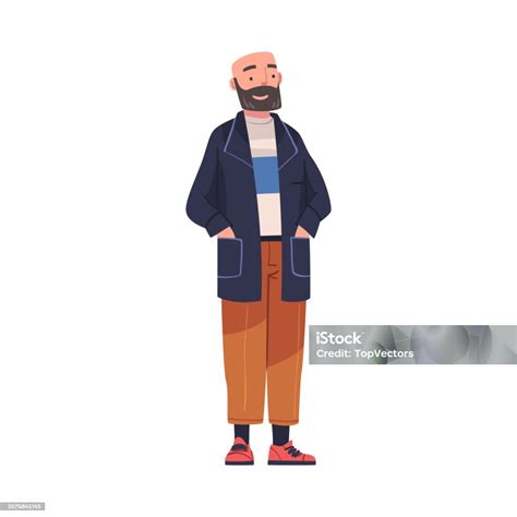 행복하다 미소 수염 난 남자 캐릭터 서 있는 와 손 에서 주머니 벡터 일러스트 남자에 대한 스톡 벡터 아트 및 기타 이미지 Istock