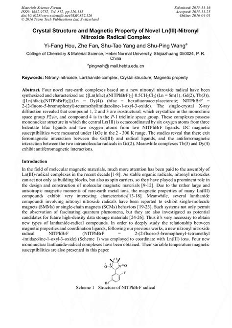 Crystal Structure And Magnetic Property Of Novel Ln Iii Nitronyl Nitroxide Radical Complex