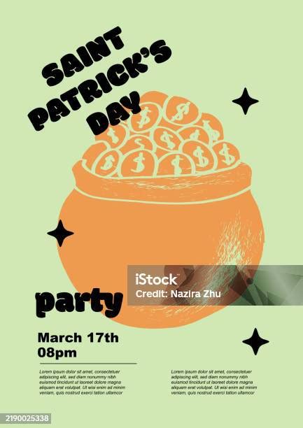 성 패트릭 데이 파티 전단지 황금 냄비 벡터 일러스트레이션 세트입니다 플랫 디자인 타이 포 그래피 포스터 티셔츠 또는 배너의 배경입니다 3월에 대한 스톡 벡터 아트 및 기타