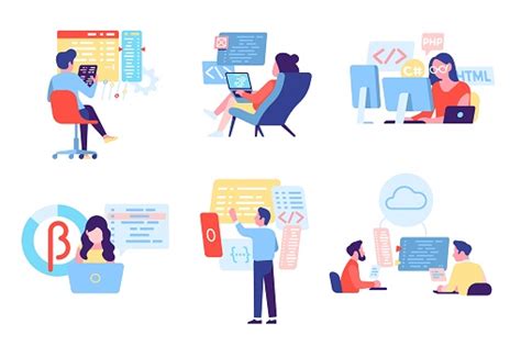 사람들은 소프트웨어를 프로그래밍합니다 만화 개발자는 웹 사이트 또는 앱과 함께 작동합니다 전문 It 엔지니어 컴퓨터 기술 작업 웹 개발 벡터 프로그래머 세트 Php