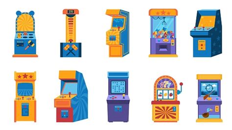 아케이드 게임 컴퓨터 복고풍 게임 80 년대 기계 오락 및 엔터테인먼트 빈티지 고안 벡터 1990 년대 게임 머신 컬렉션 Brand Name Video Game에 대한 스톡