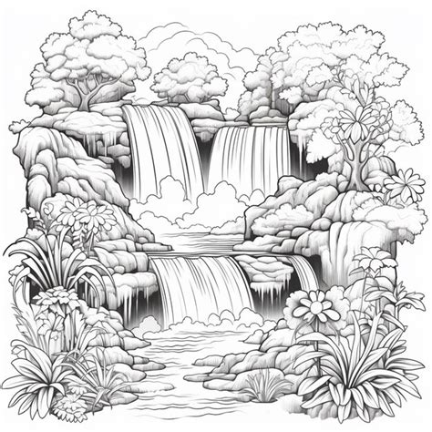 Premium Photo A Drawing Of A Waterfall With Trees And Bushes Generative Ai