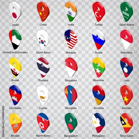 3d Geolocation Signs Of Twenty Five Asian Countries With Inscriptions