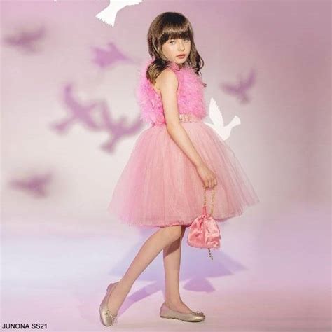 Junona Girls Pink Tulle Feather Special Occasion Dress Purse Set