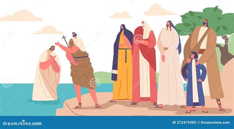 John The Baptist Baptizing Jesus In River With People Watching From