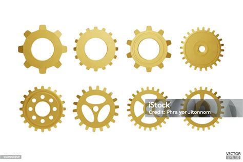 3d 골드 기어 아이콘 세트입니다 골든 변속기 톱니바퀴와 기어는 흰색 배경에 격리되어 있습니다 노란색 기계 기어 설정 기호 수리 및 작업 흐름 개념 최적화 3d 벡터