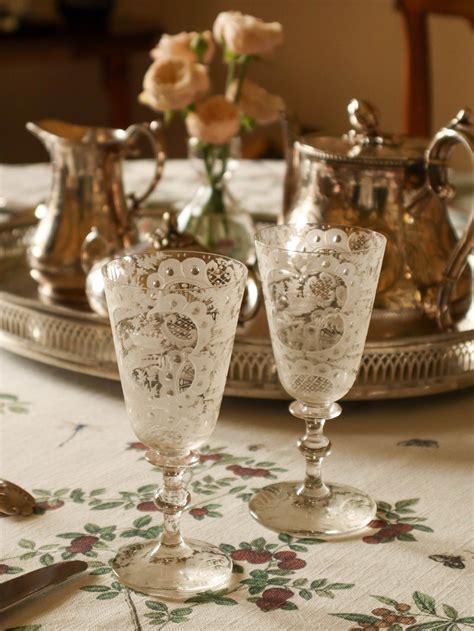 Maison Fête Pair Of Antique Etched Wine Glasses Castle And Stag
