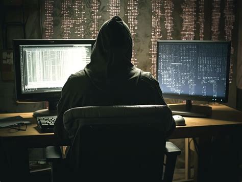 Premium Ai Image A Hacker In A Dark Room Is Sitting In Front Of A